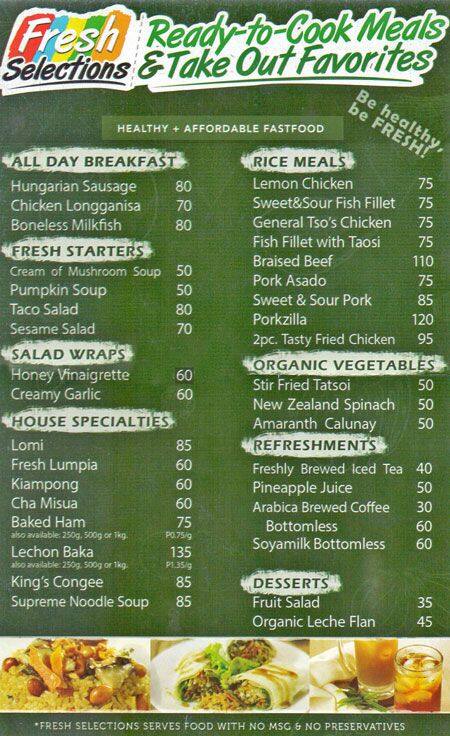 Menu at Fresh Selections restaurant, Quezon City, Regalado Ave