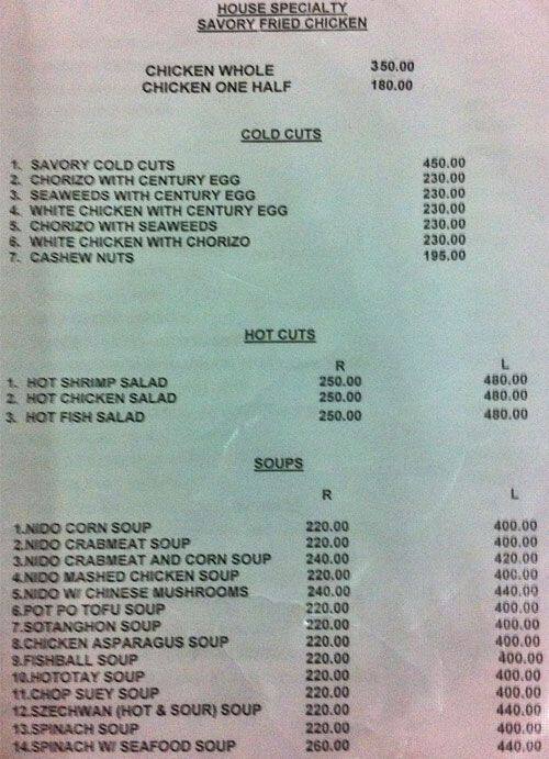 Menu at Savory restaurant, Pasig, 1/F