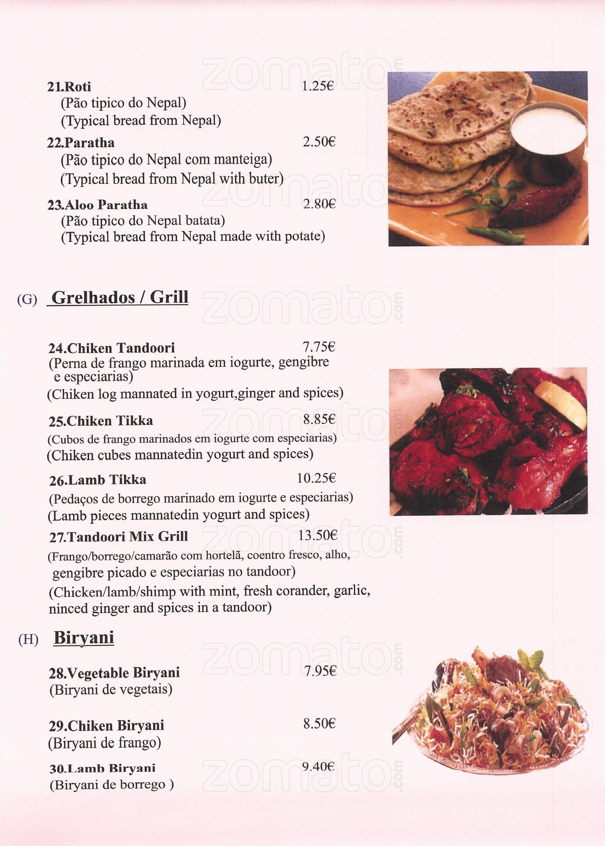 Carta del restaurante The Shimla Palace, Lisboa