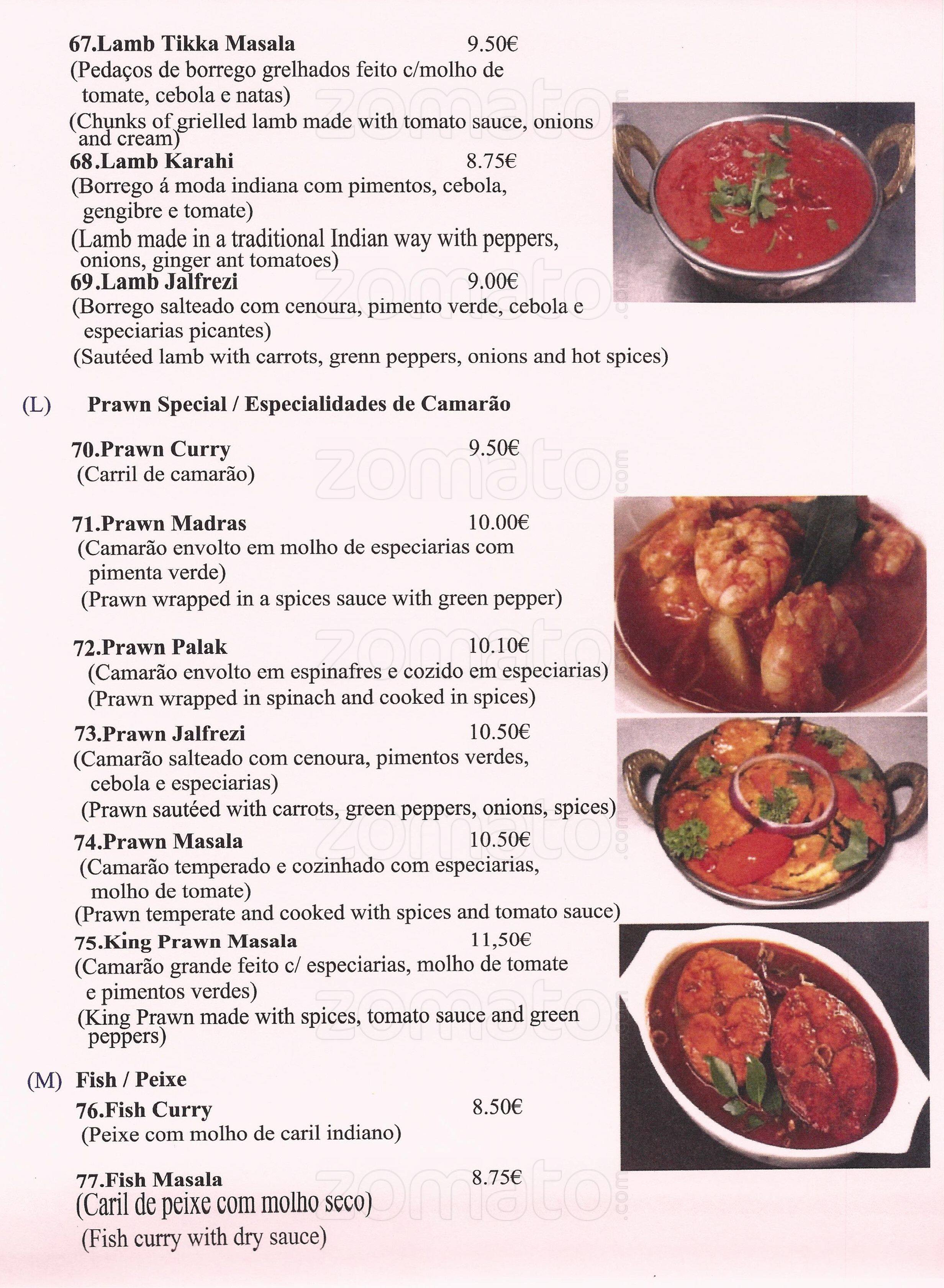 Carta del restaurante The Shimla Palace, Lisboa