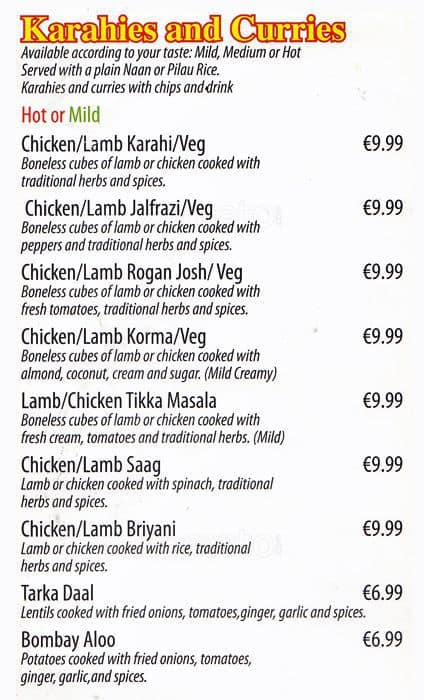 Menu at Kebabish restaurant, Dublin, 274 Harold's Cross Rd