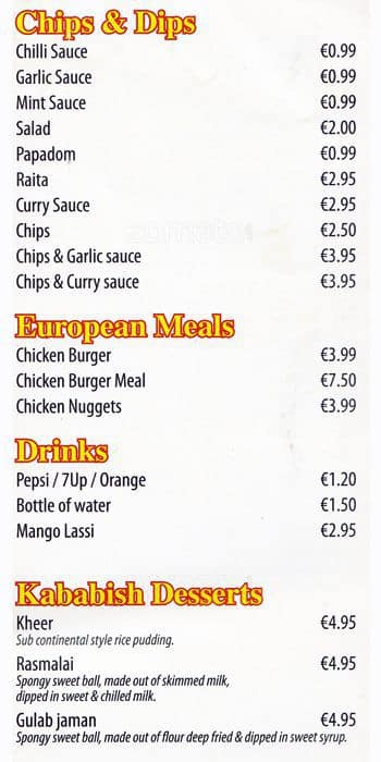 Menu at Kebabish restaurant, Dublin, 274 Harold's Cross Rd