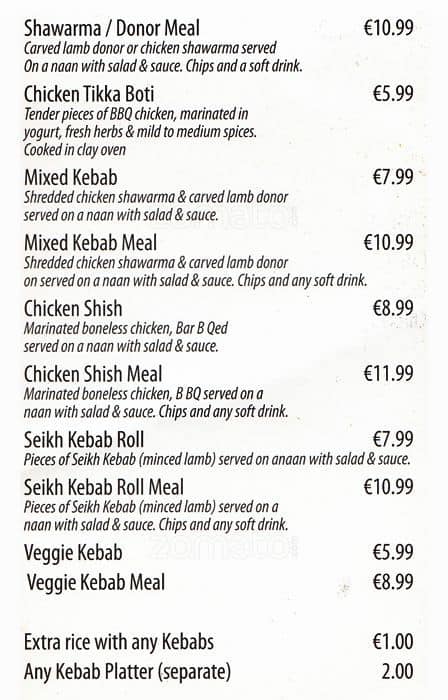 Menu at Kebabish restaurant, Dublin, 274 Harold's Cross Rd