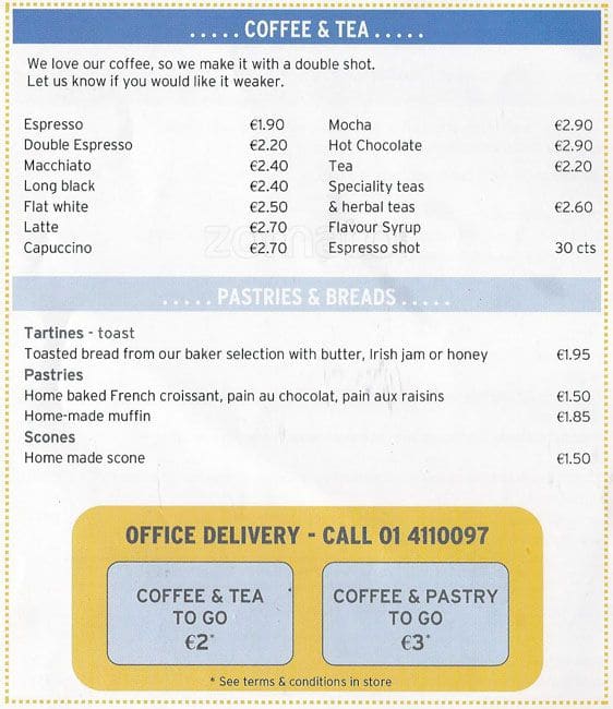 Menu at Liberty Kitchen cafe, Dublin