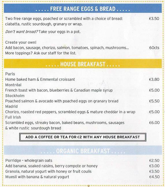 Menu at Liberty Kitchen cafe, Dublin
