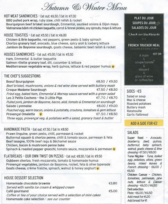 Menu at Liberty Kitchen cafe, Dublin