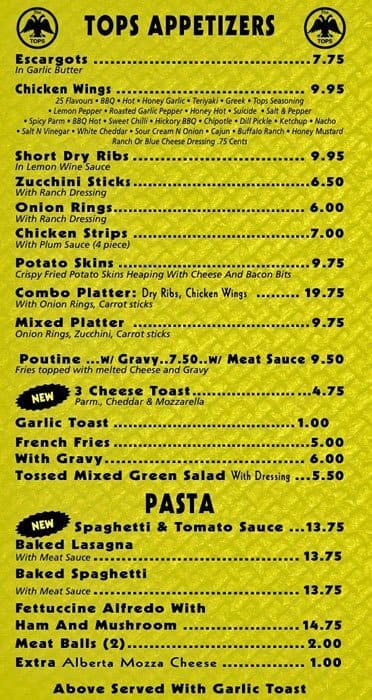 Menu at Tops Pizza & Steak House pizzeria, Calgary