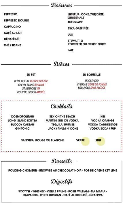 Menu at La Boulette restaurant, Montreal