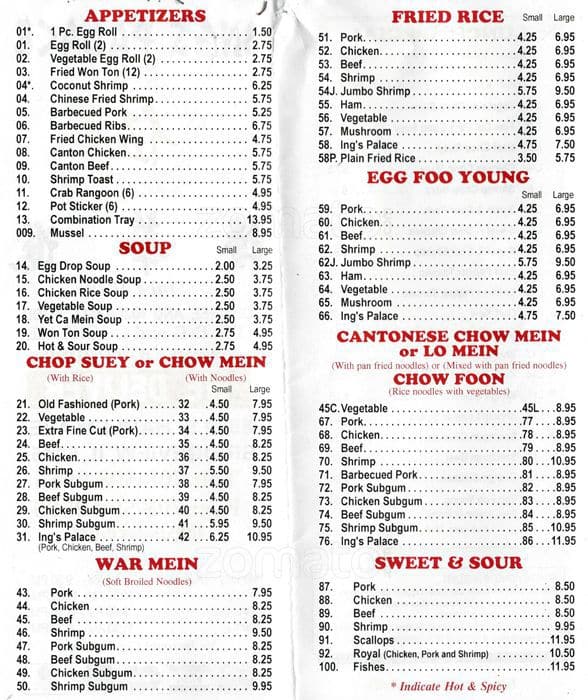Menu at Ing's Palace pub & bar, Bridgeview, S Harlem Ave