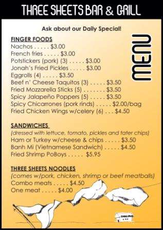 Menu at Three Sheets Bar & Grill, Houston