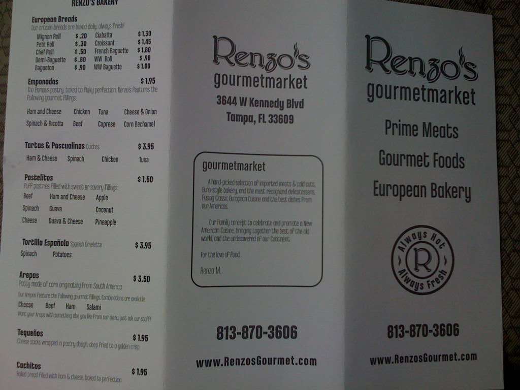 Menu at Renzo's steakhouse, Tampa, W Kennedy Blvd