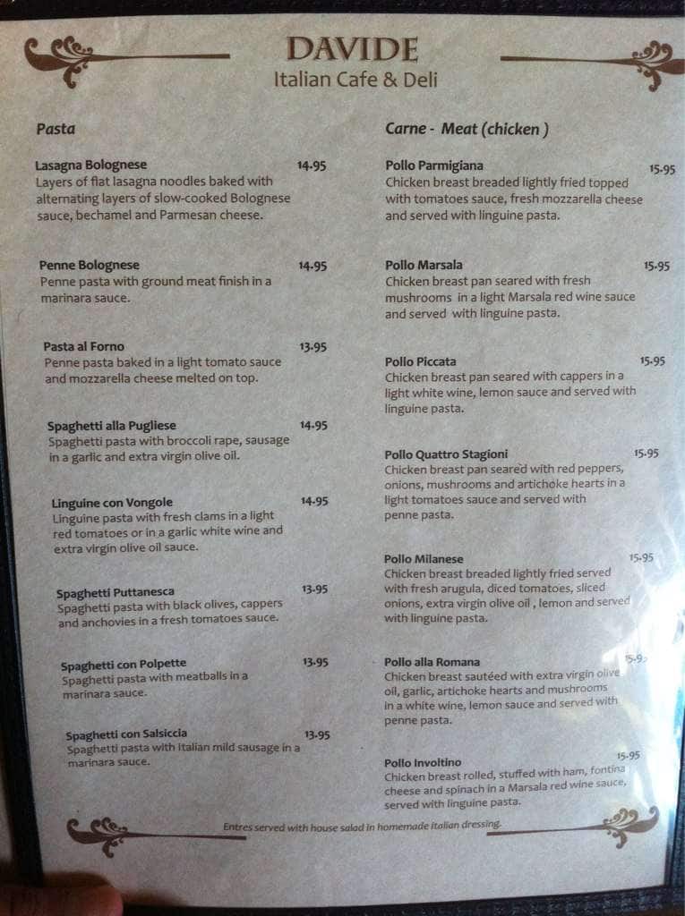 Menu at Davide Italian Cafe, Marco Island
