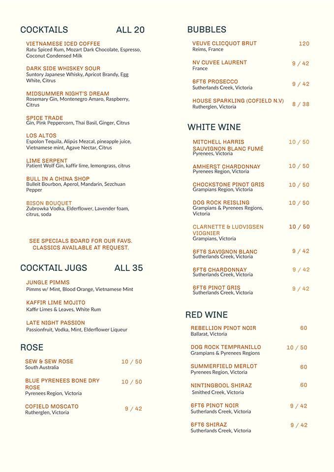 Menu at Moon & Mountain restaurant, Ballarat Central