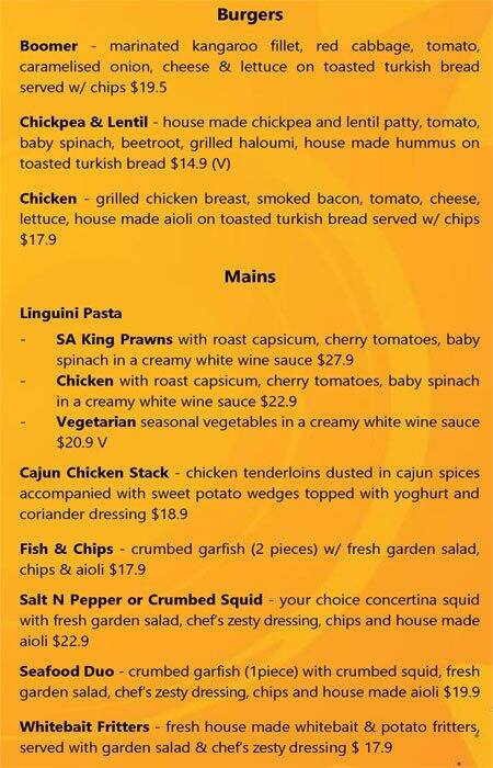 Menu at Boomers on the Beach cafe, Glenelg