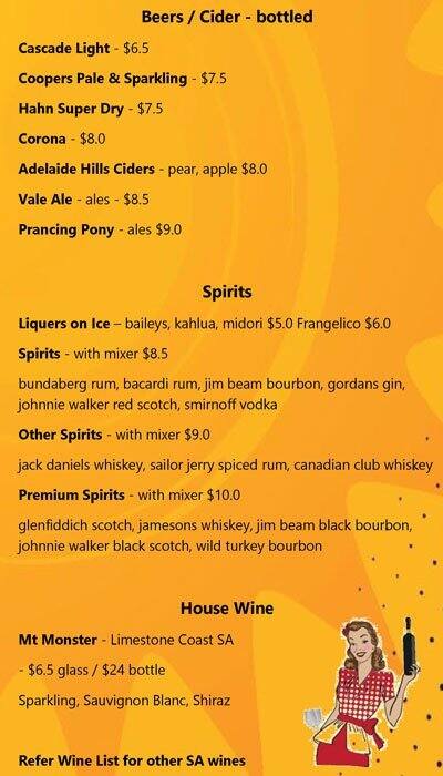 Menu at Boomers on the Beach cafe, Glenelg