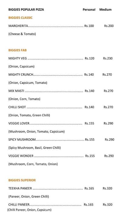 Menu of Biggies Pizza, Shastri Nagar, Meerut