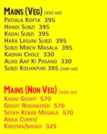 Menu at Mirch Masala, Gandhinagar