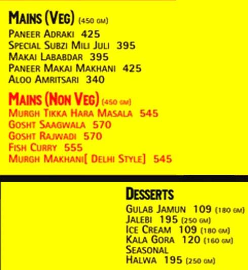Menu at Mirch Masala, Gandhinagar