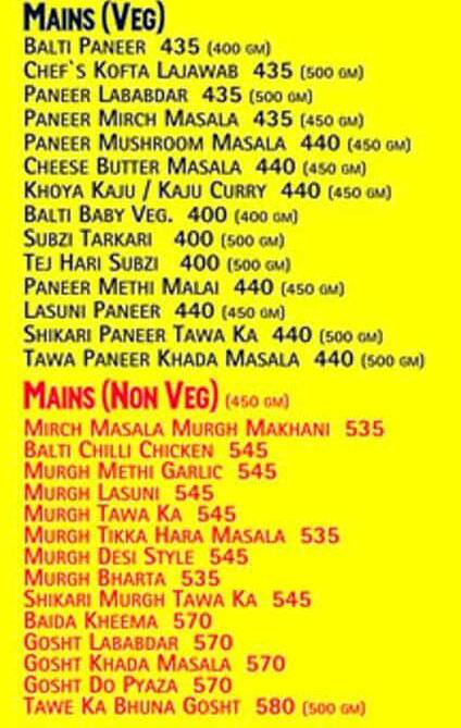 Menu at Mirch Masala, Gandhinagar