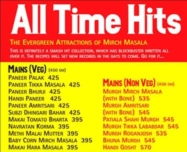 Menu at Mirch Masala, Gandhinagar