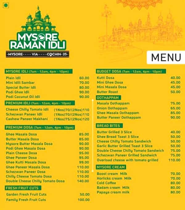 Menu at Mysore Raman Idli, Kochi