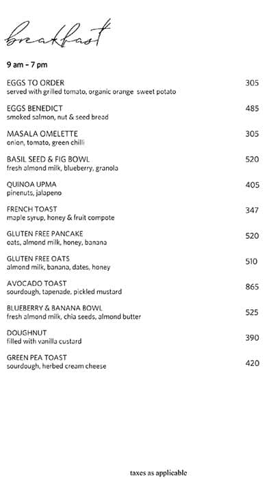 Menu of Pali Village Cafe, Pali Hill, Bandra West, Mumbai