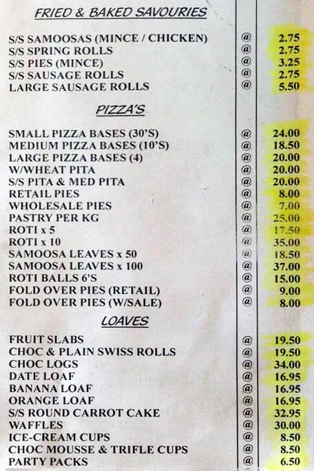 Menu at Quality Bake, Cape Town, Lower Klipfontein Road