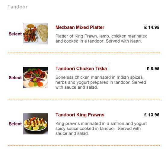 Menu at Mezbaan restaurant, Edinburgh