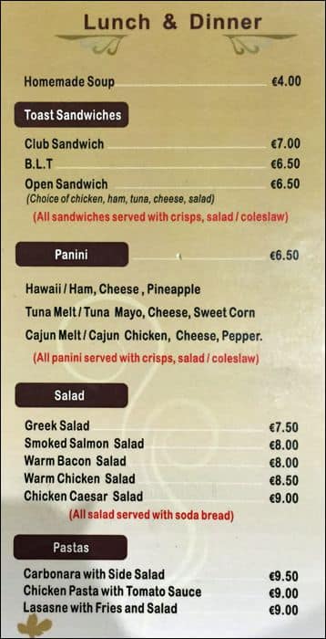Menu at Cafe Sofia, Dublin