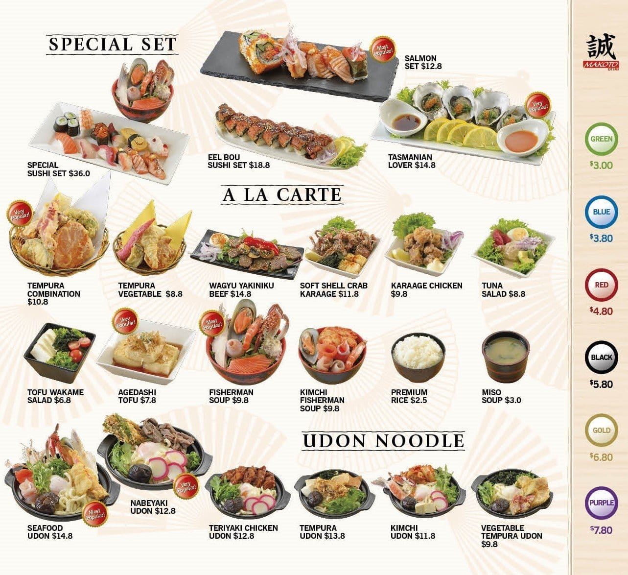 Menu at Makoto restaurant, Sydney, 119 Liverpool St
