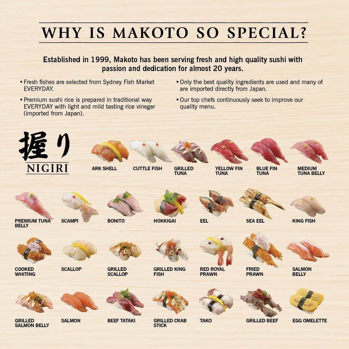Menu at Makoto restaurant, Sydney, 119 Liverpool St