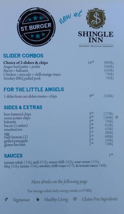 Menu at Shingle Inn cafe, Brisbane City, Brisbane Square