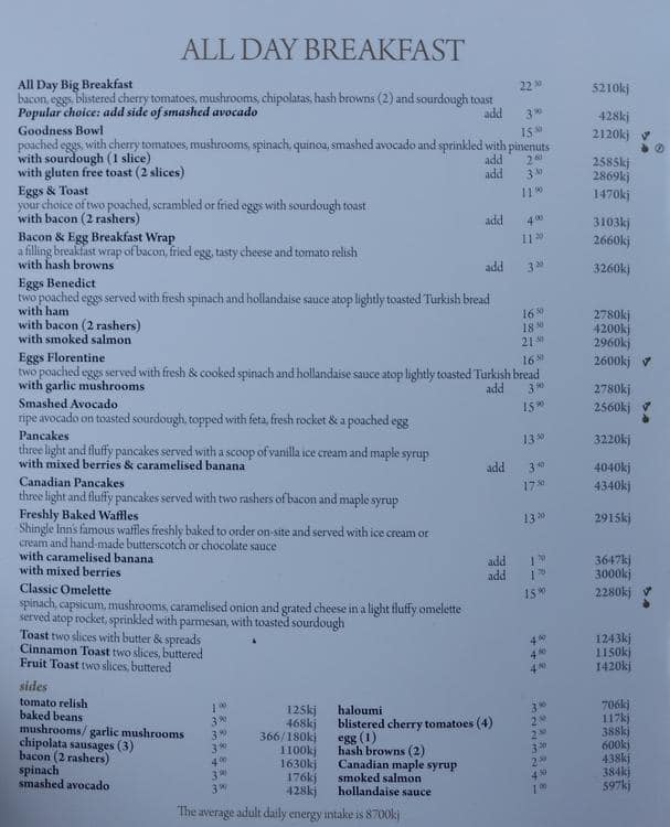 Menu at Shingle Inn cafe, Brisbane City, Brisbane Square
