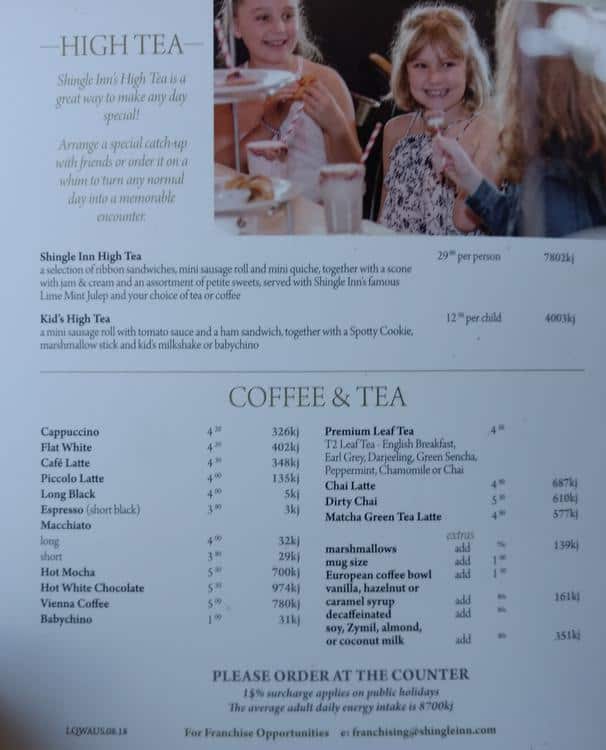 Menu at Shingle Inn cafe, Brisbane City, Brisbane Square