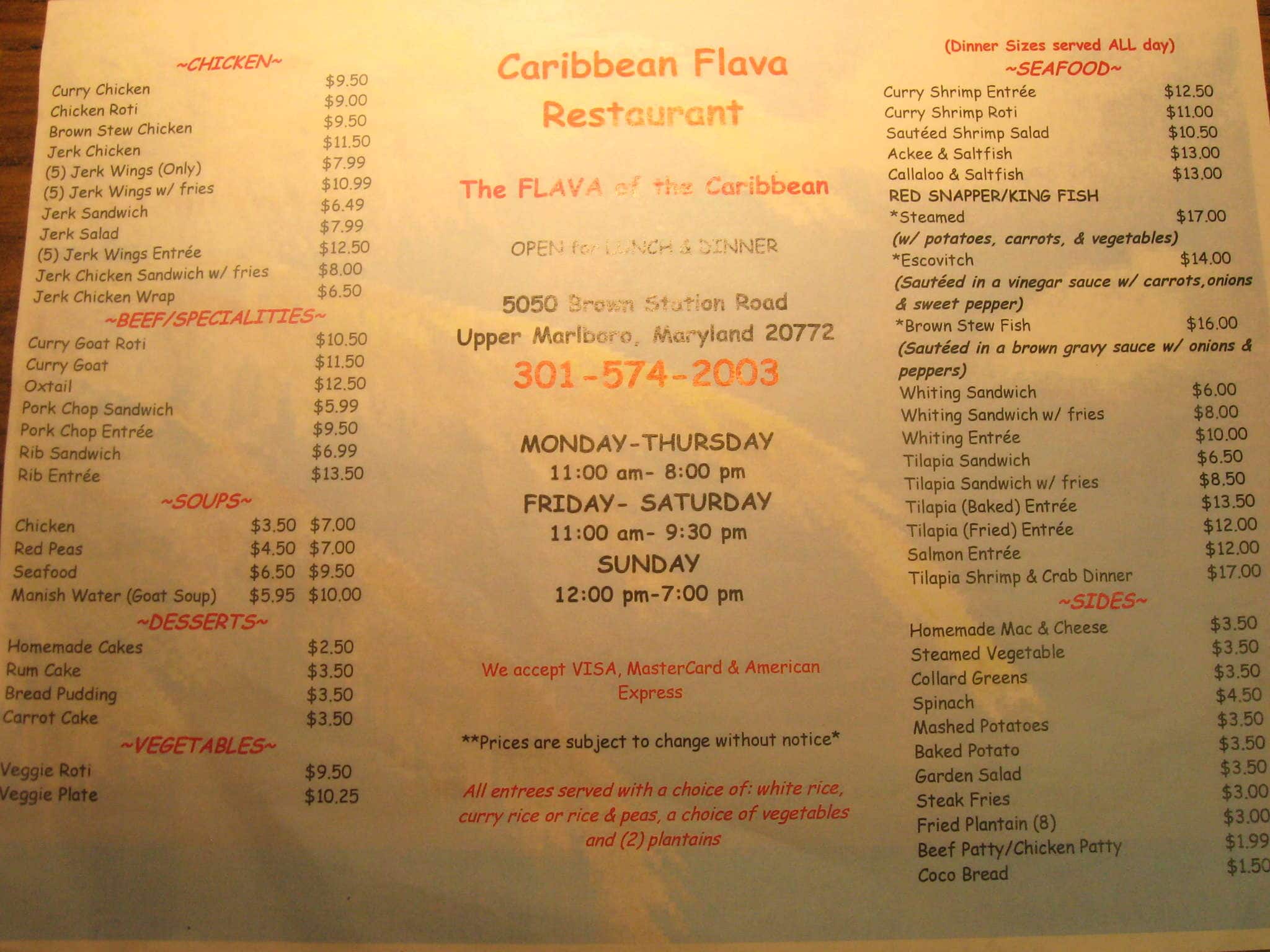 Menu at Caribbean Flava restaurant, Upper Marlboro