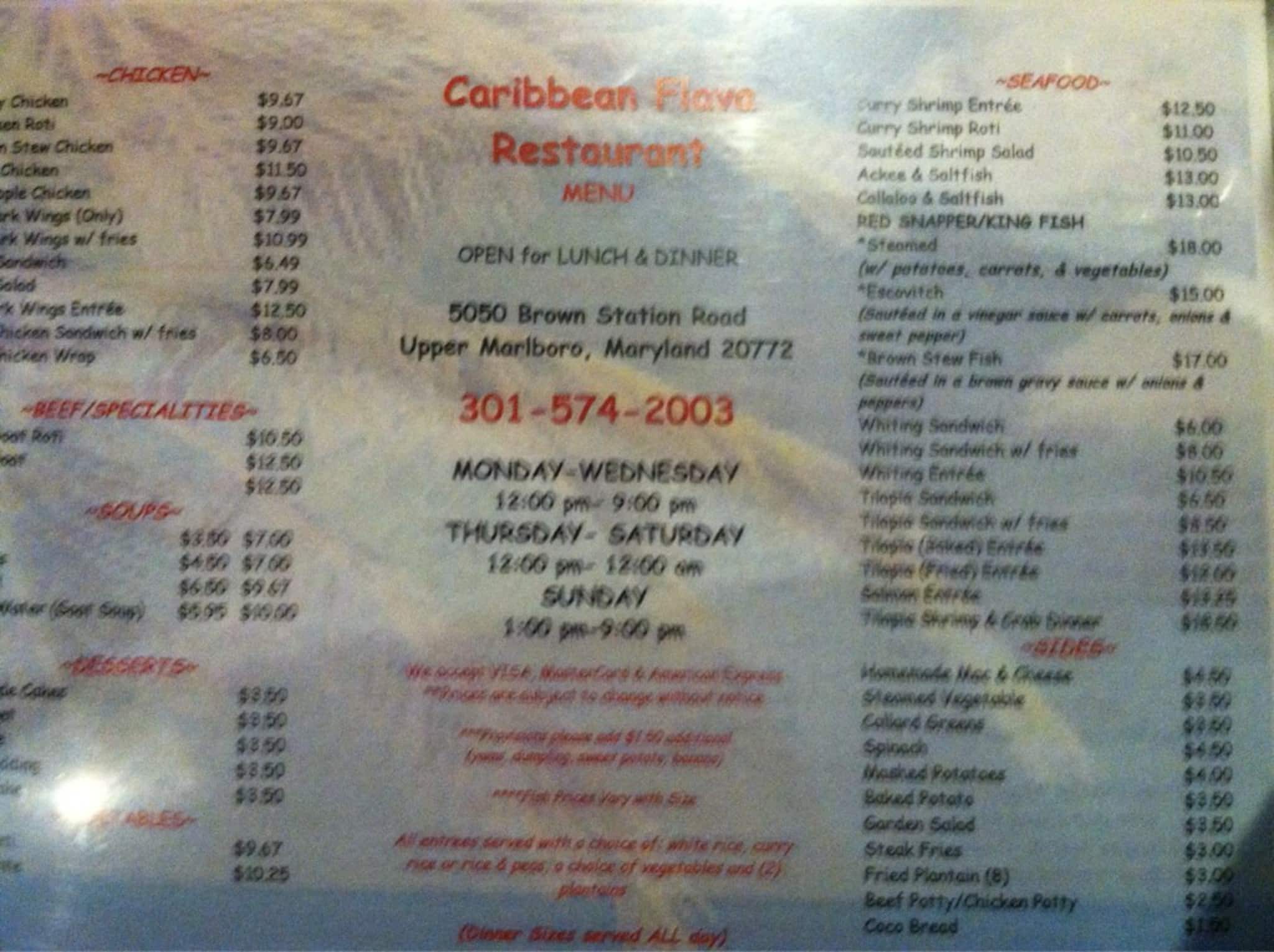 Menu at Caribbean Flava restaurant, Upper Marlboro