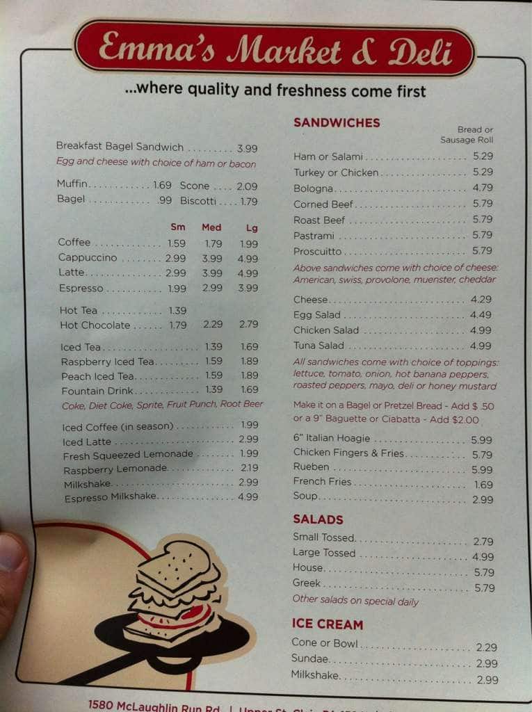 Menu at Emma's Market & Deli, Pittsburgh