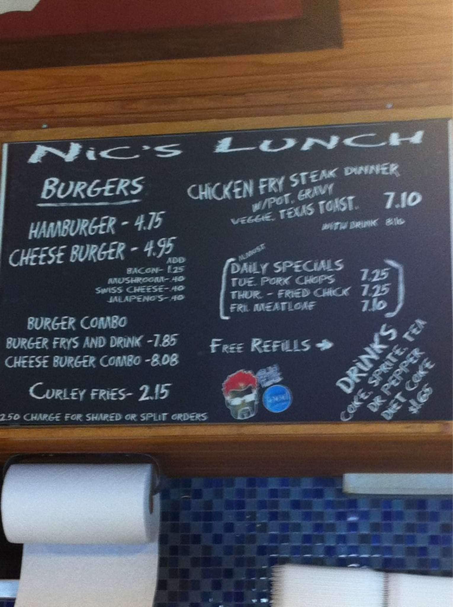 Menu at Nic's Grill restaurant, Oklahoma City