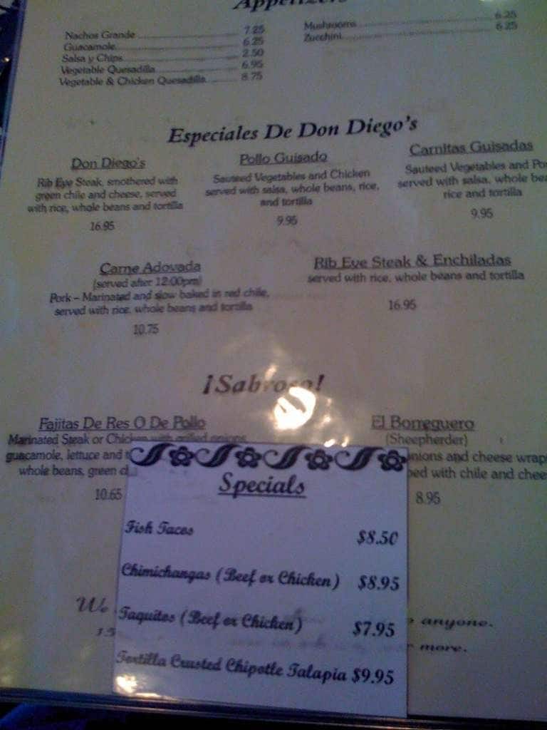 Menu at Don Diego's Restaurant & Lounge, Gallup