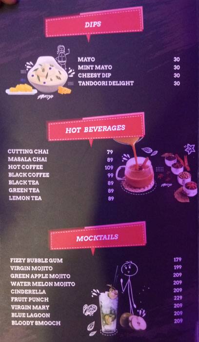 Menu at Backbenchers, New Delhi