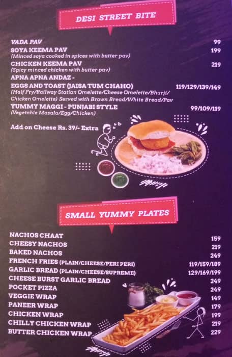 Menu at Backbenchers, New Delhi
