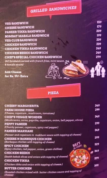 Menu at Backbenchers, New Delhi
