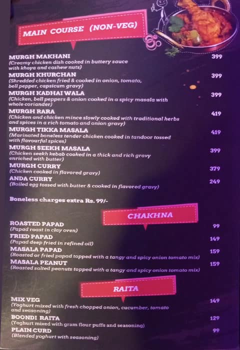 Menu at Backbenchers, New Delhi