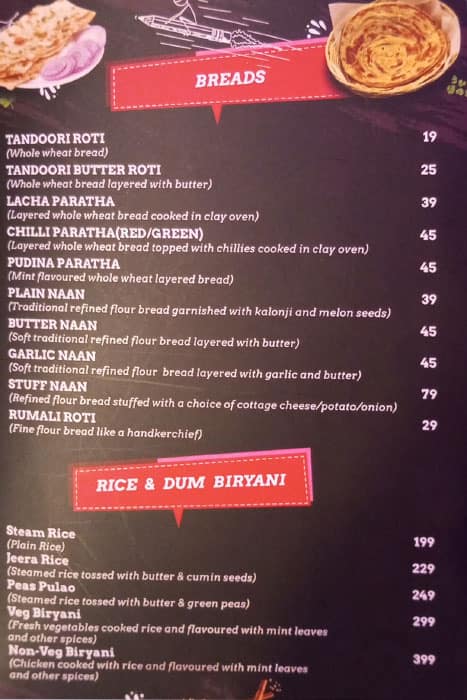 Menu at Backbenchers, New Delhi