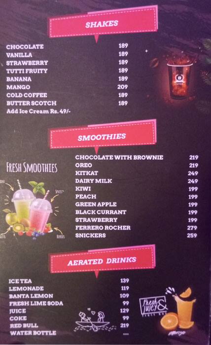 Menu at Backbenchers, New Delhi