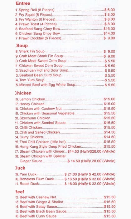 Menu at Hong Kong Cuisine restaurant, Cannington