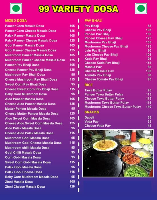 Menu of 99 Variety Dosa, HSR, Bangalore