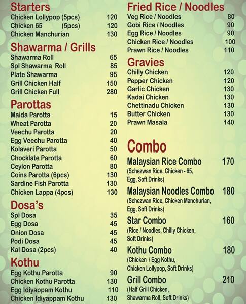Menu of 7 Star Kitchen, George Town, Chennai