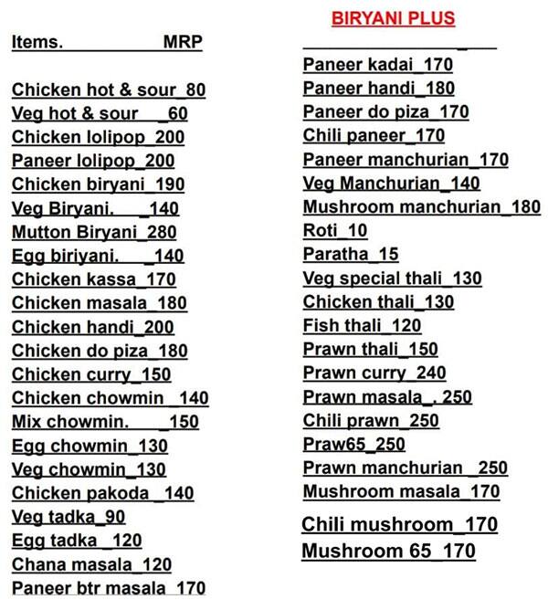 Menu of Biryani Plus, Chandrasekharpur, Bhubaneshwar