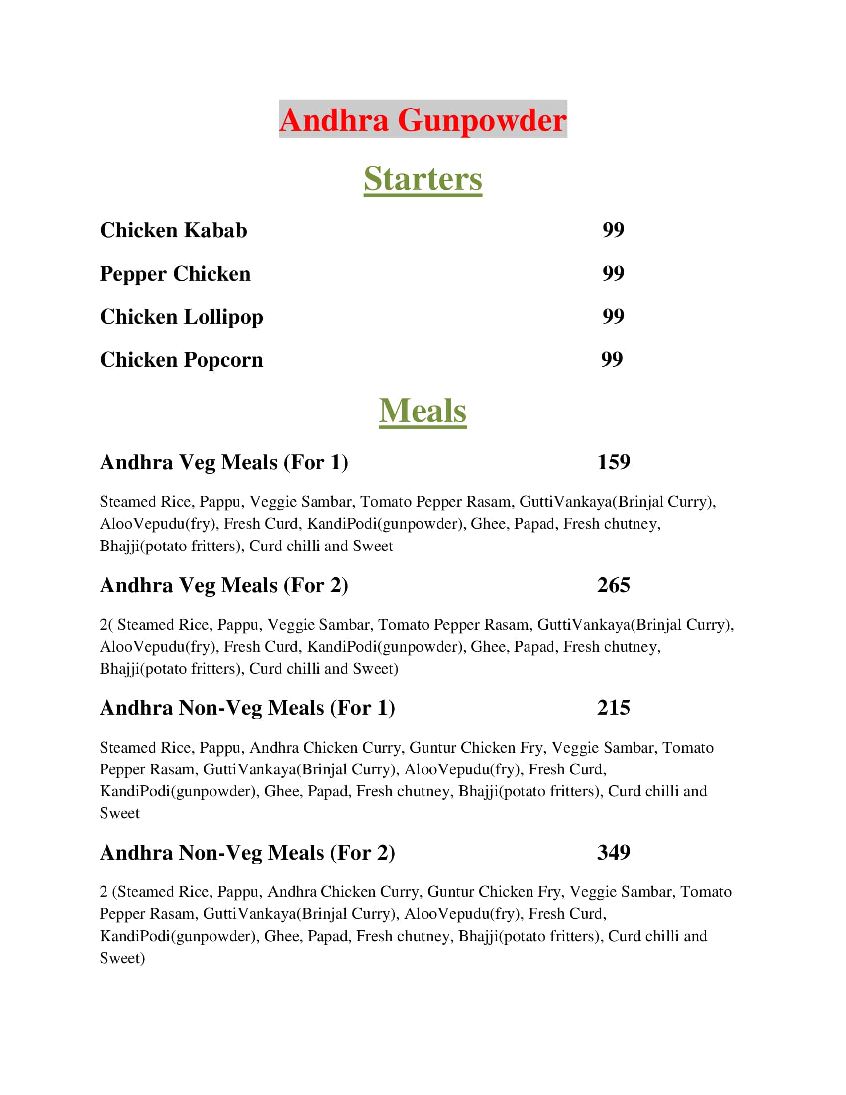 Menu of Andhra Gunpowder, Marathahalli, Bangalore